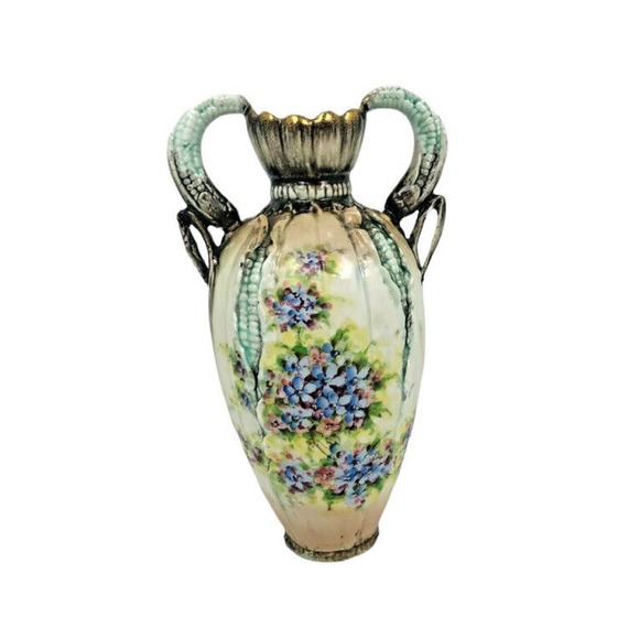 Majolica | Accents | Vintage Pierced Corn Vase Hungary 327 Handled Urn Majolica Floral Blue ...